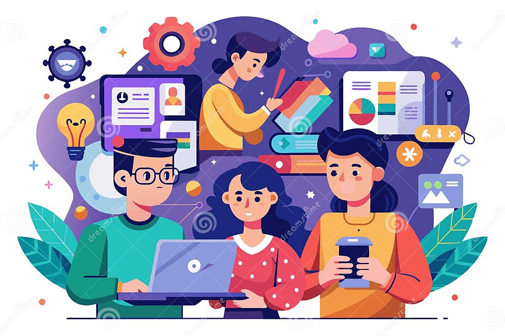 Three Professionals Engage in Collaborative Digital Illustration Work ...