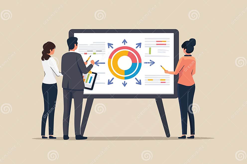 Three Professionals Examining a Colorful Data Visualization on a Large ...