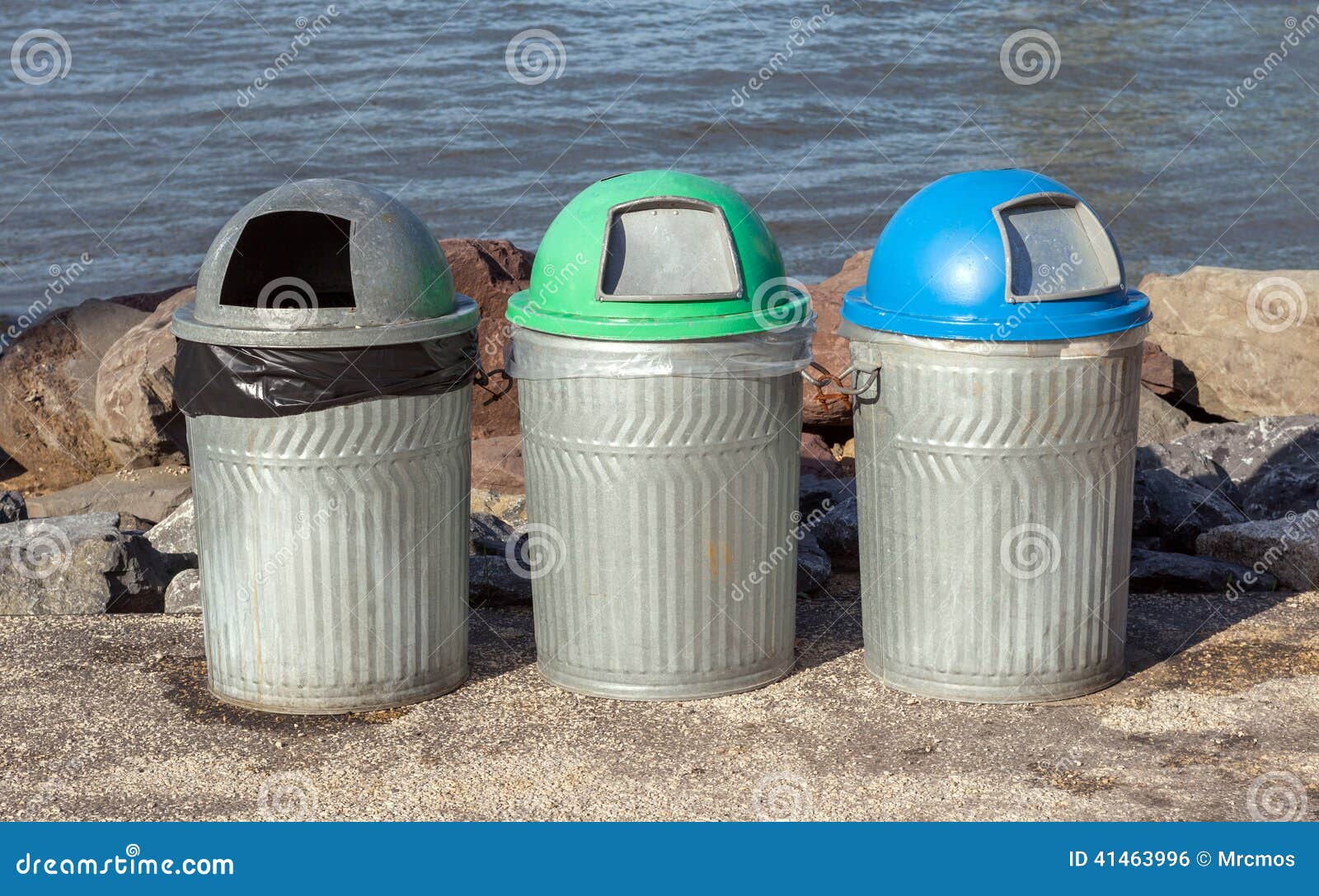 Three Public Trash Cans (recycle Bins) beside the River Stock Photo ...