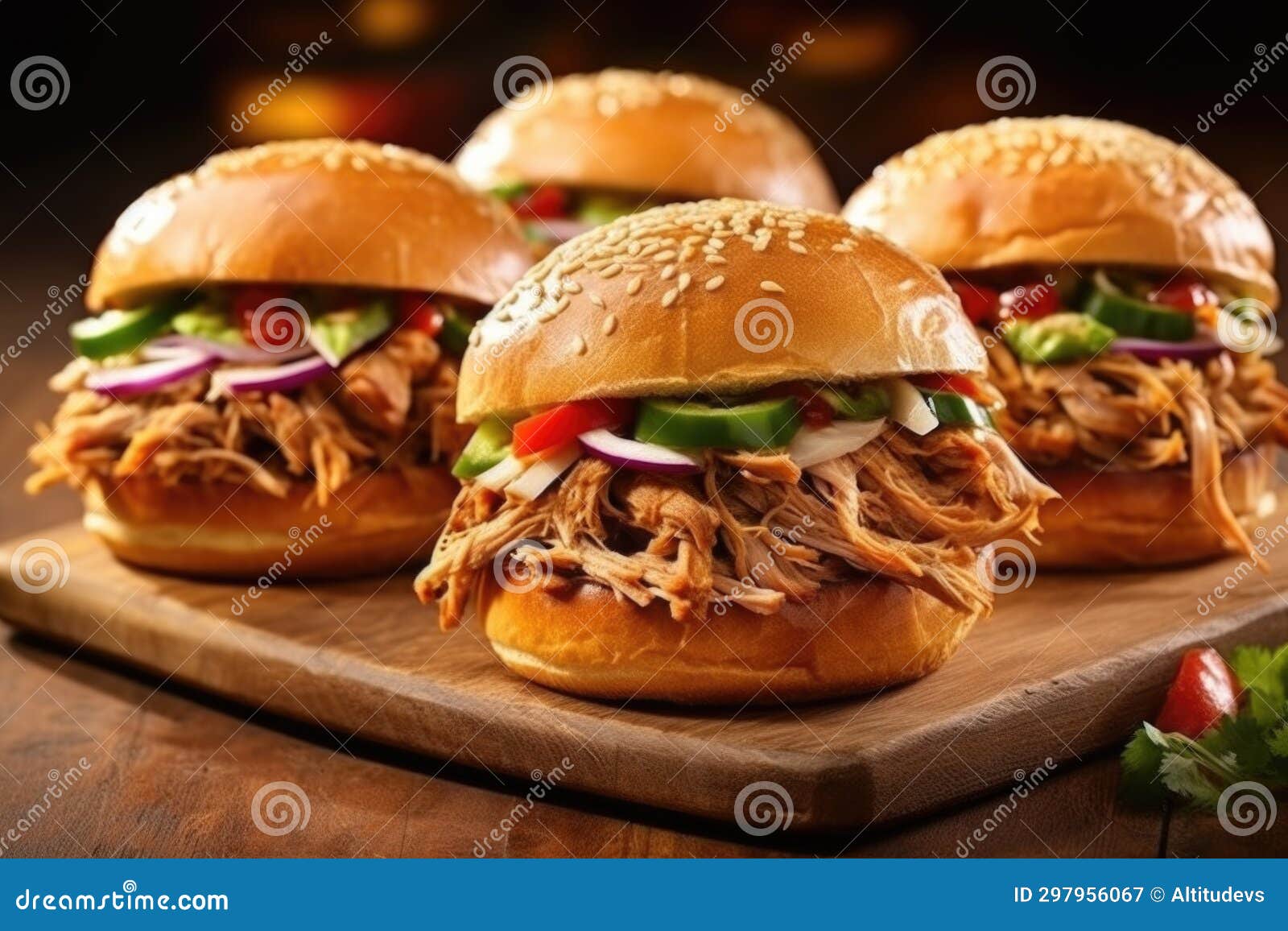 Three Pulled Pork Sandwiches with Varied Toppings Stock Image - Image ...