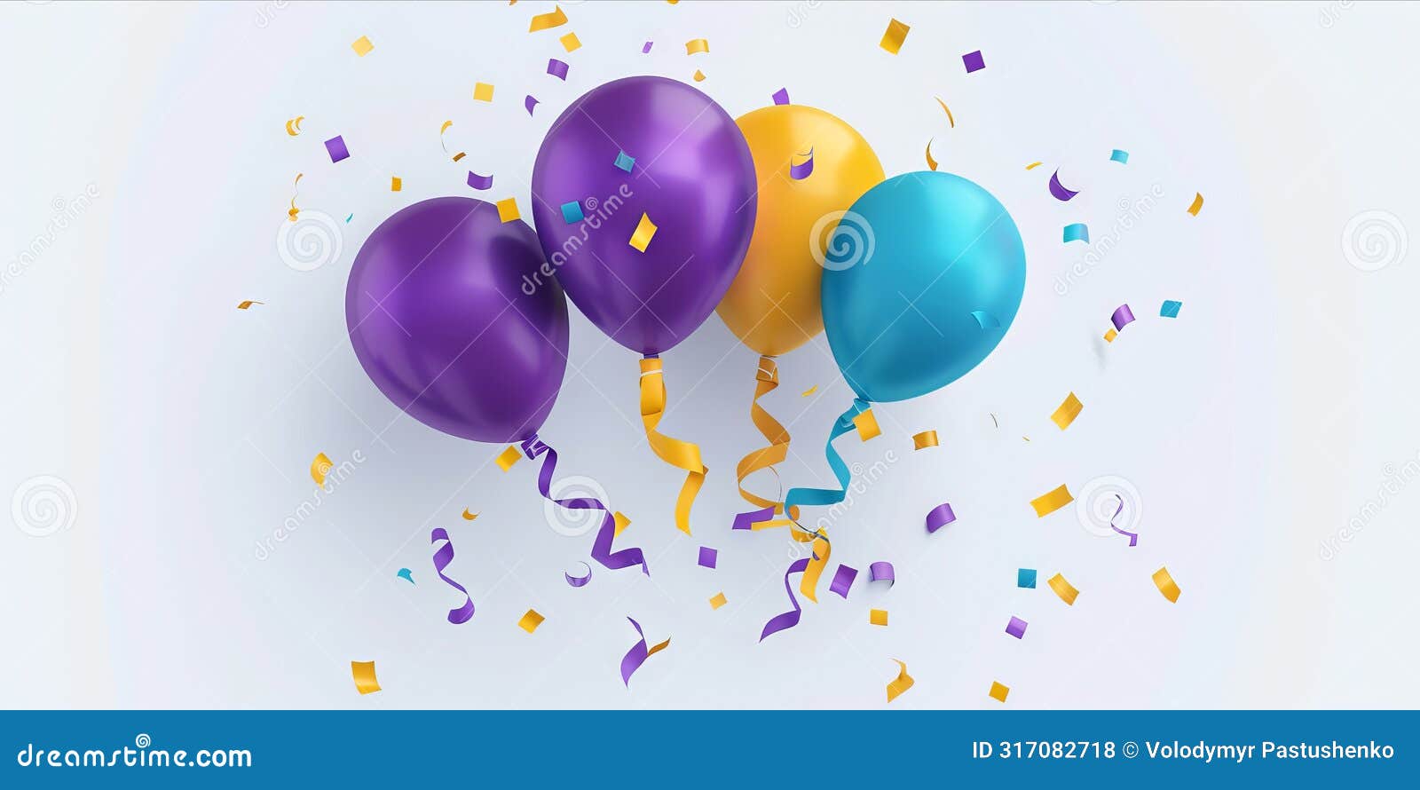 Three Purple and Yellow Balloons with Confetti Stock Photo - Image of ...