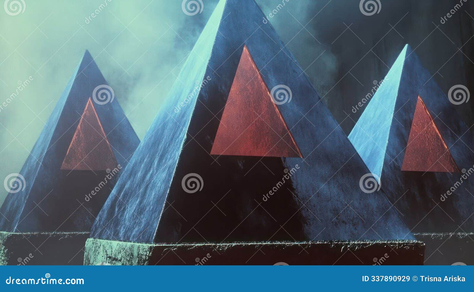 Three Pyramids with Red Triangular Accents, Shrouded in Mist and ...
