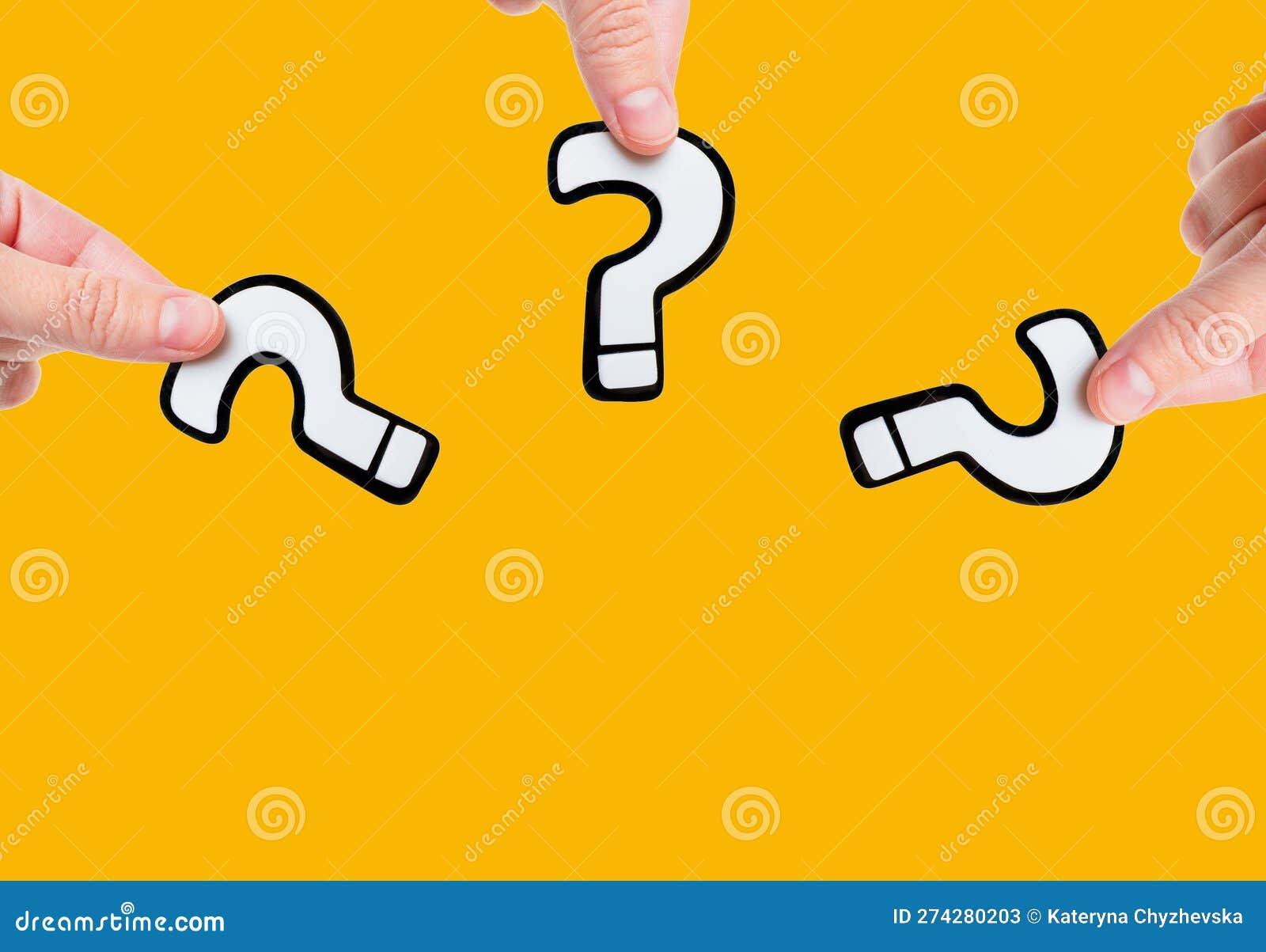 Three Question Marks in Hands Isolated on Yellow Stock Image - Image of ...