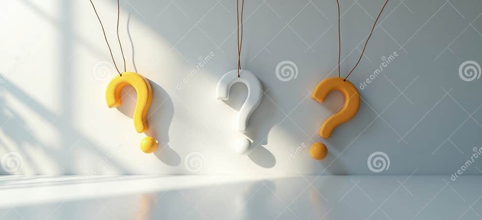 Three Question Marks Hang from Ceiling. Colorful Question Marks. Modern ...
