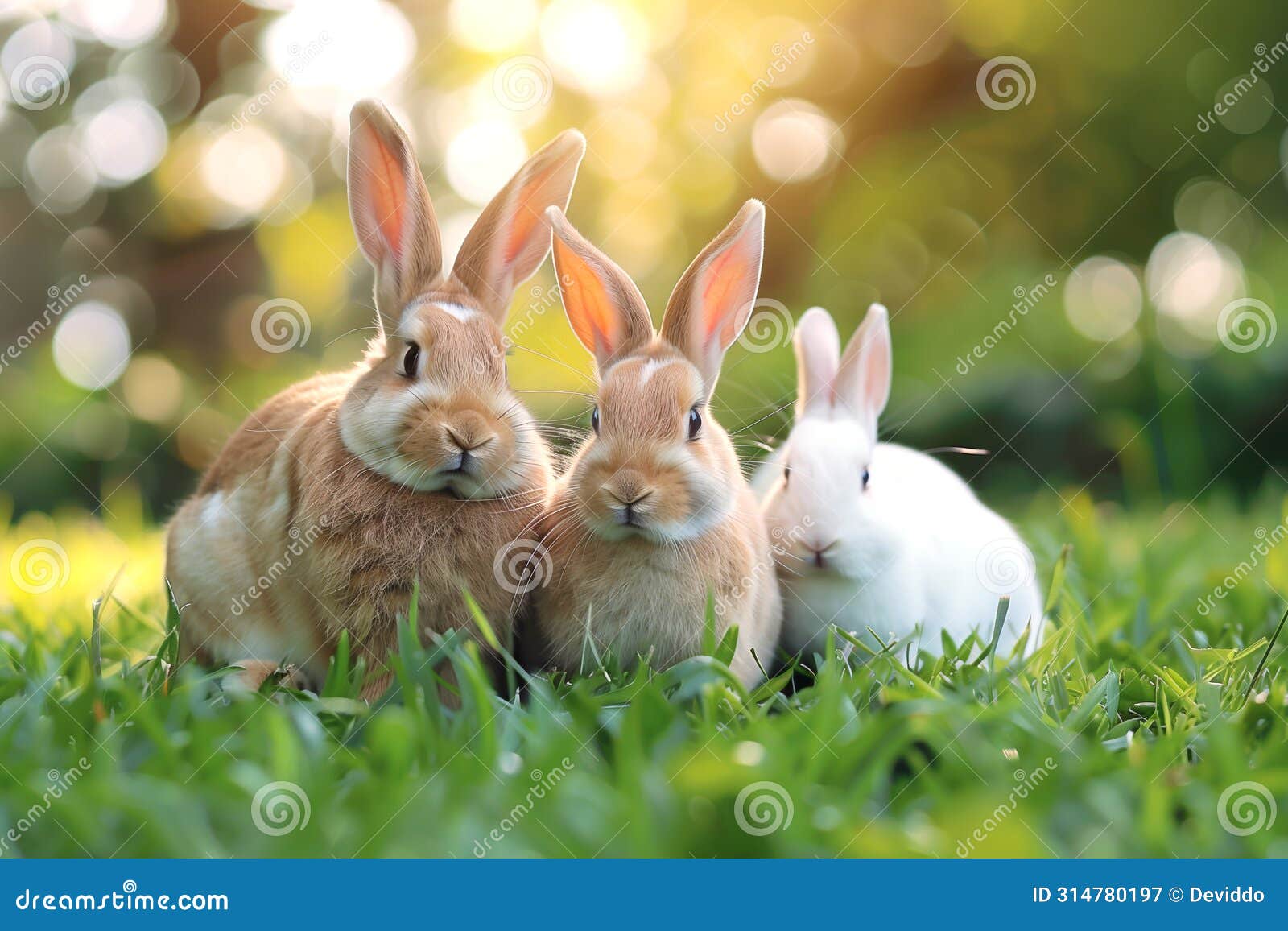 Three Rabbits on Green Grass Stock Illustration - Illustration of grey ...