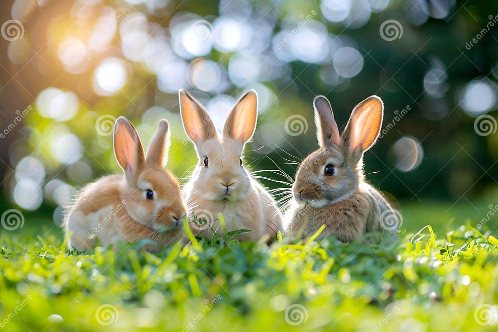 Three Rabbits on Green Grass Stock Illustration - Illustration of group ...
