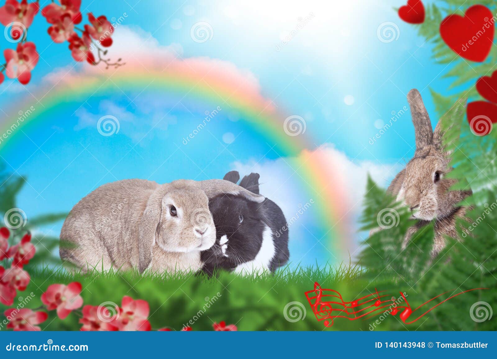 Rabbits Babies on Green Meadow with Rainbow in the Background. Stock ...