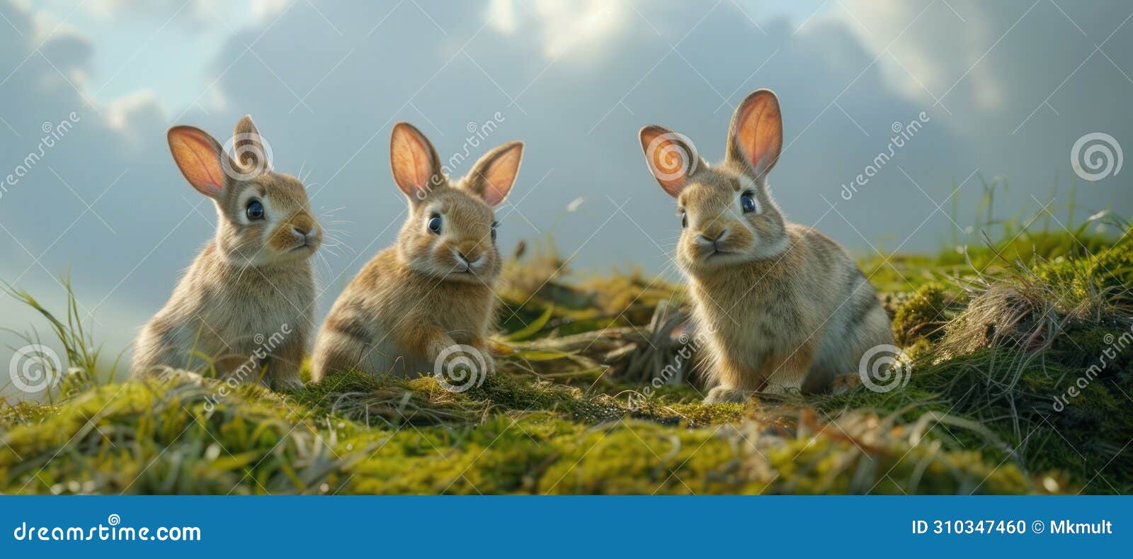 Three Rabbits Sitting in Grass with Clouds Stock Photo - Image of ...