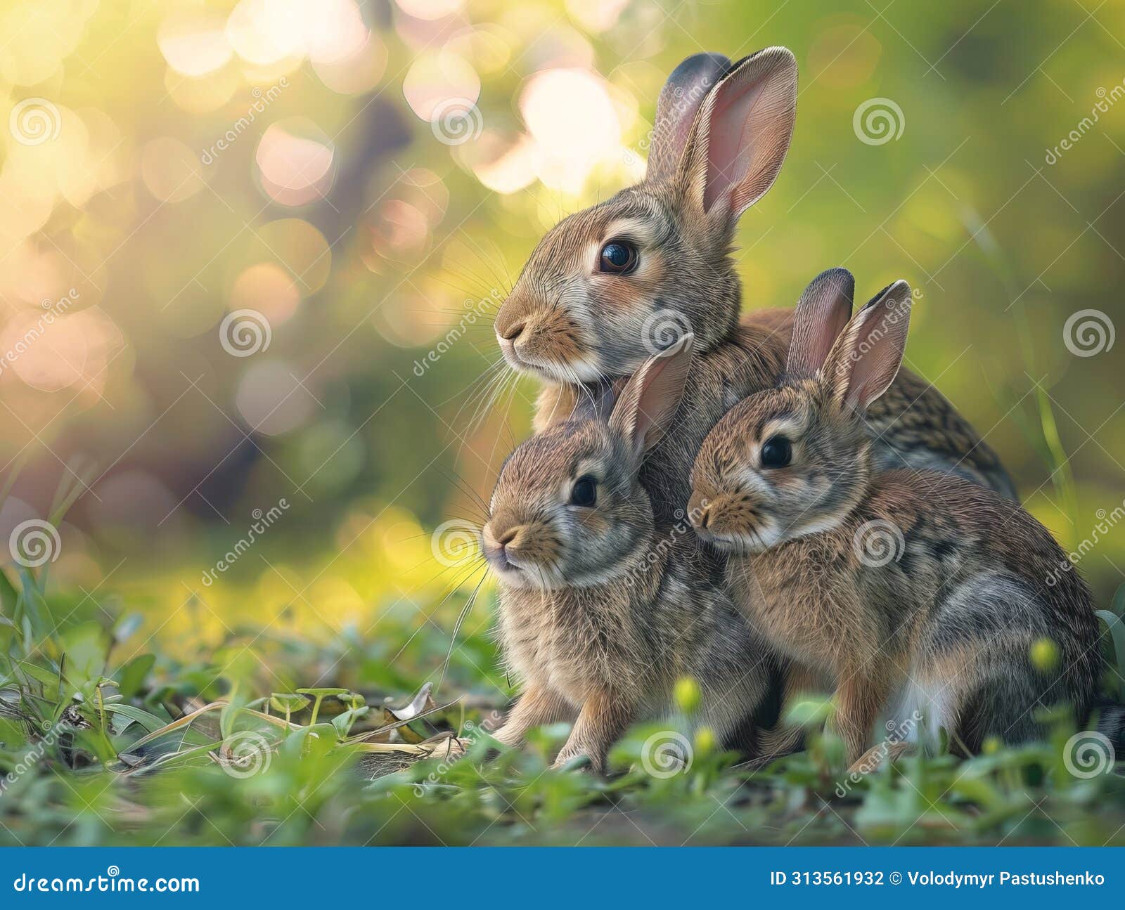 Three Rabbits Sitting in the Grass with Sunlight Stock Photo - Image of ...