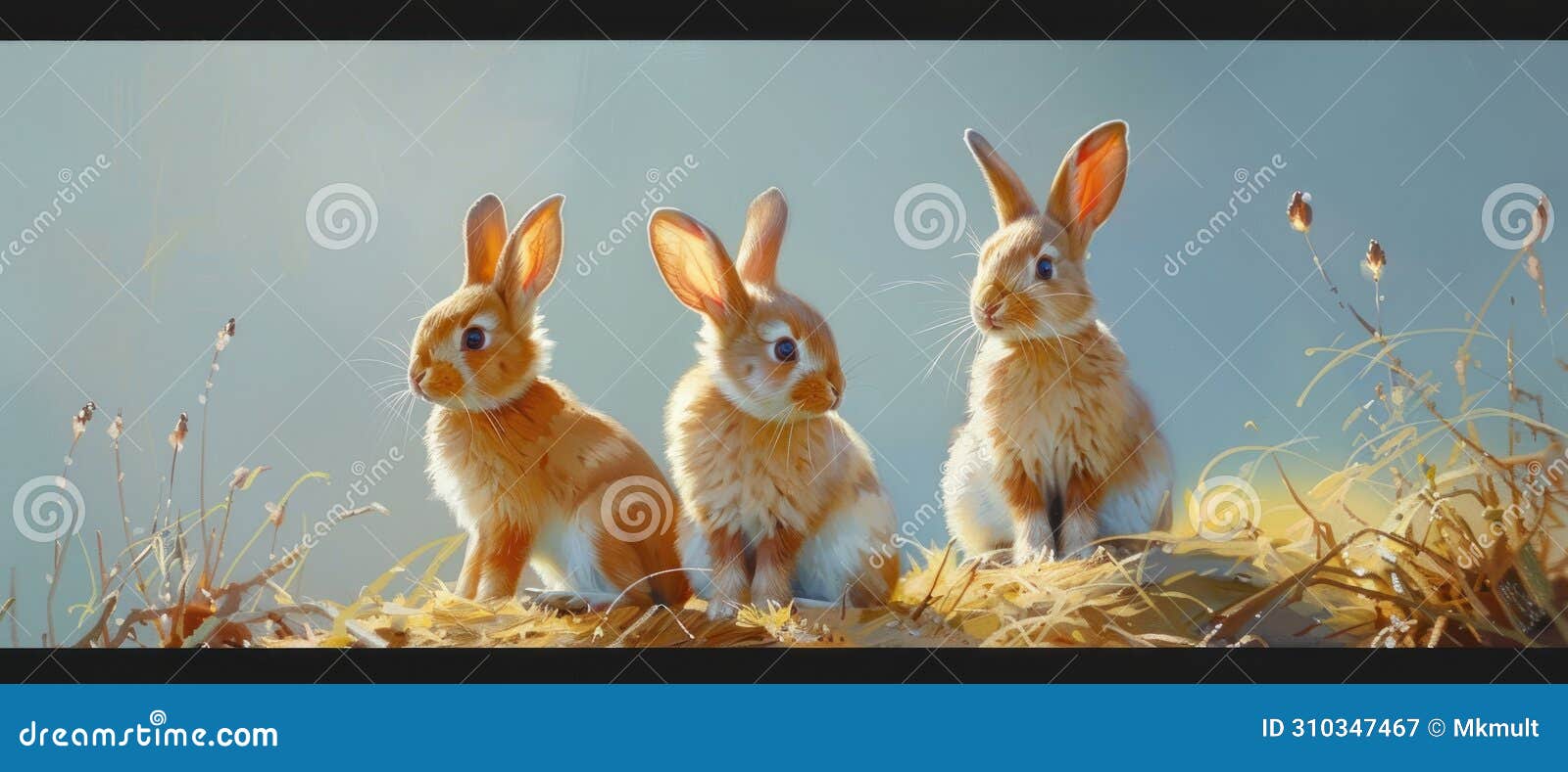 Three Rabbits Sitting on Hay Pile Stock Image - Image of countryside ...