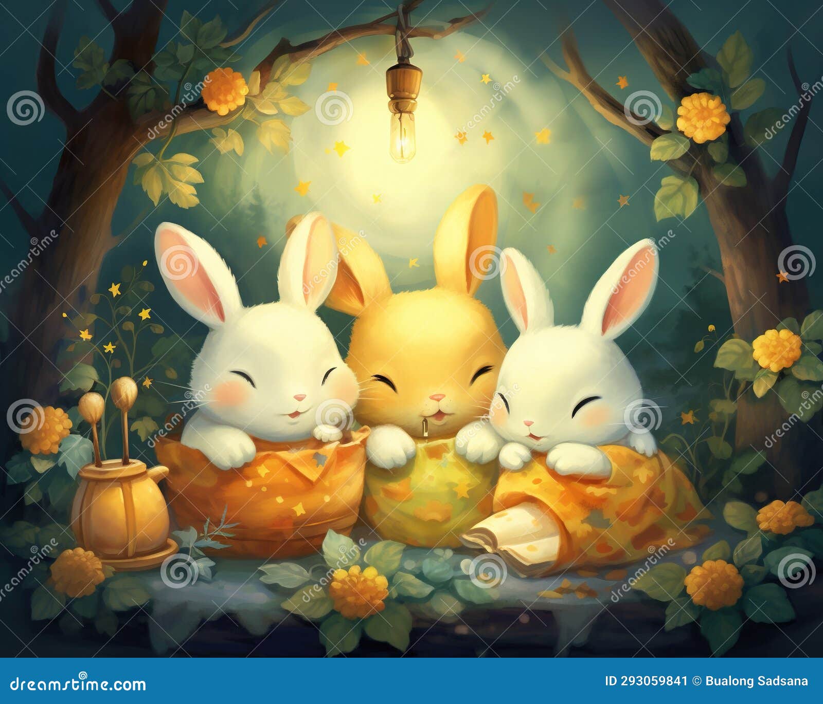Three Rabbits are Sleeping in a Room with a Children S Book in it ...