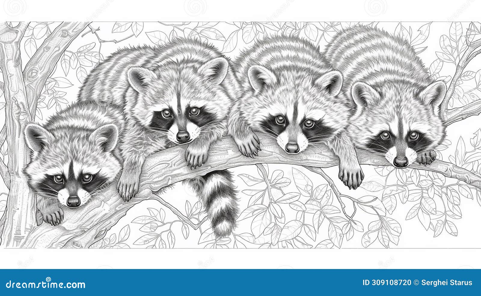 Three Raccoons are Sitting on a Branch in this Coloring Page, AI Stock ...