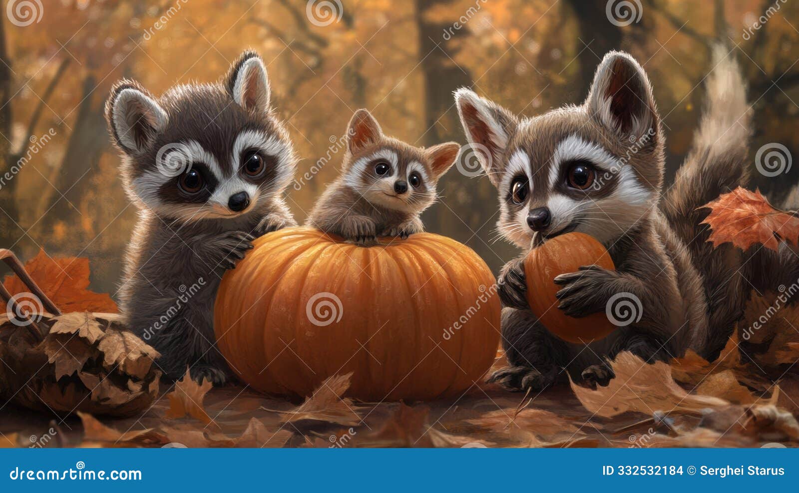 Three Raccoons are Sitting on a Pumpkin in the Fall, AI Stock Photo ...