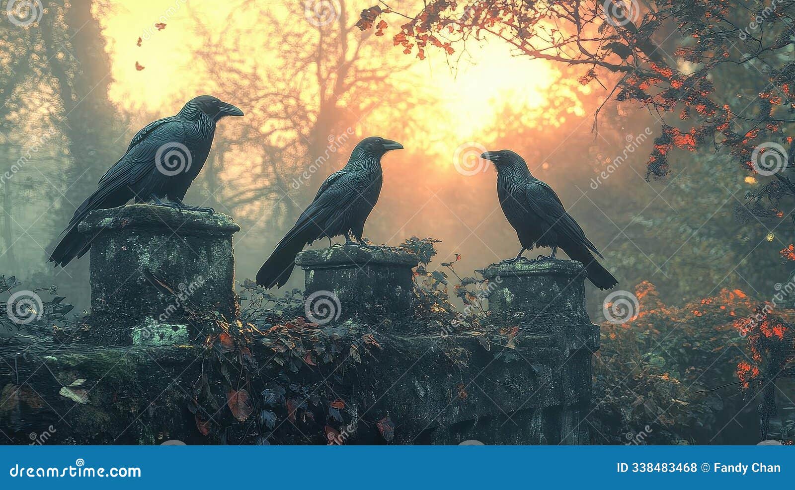 Three Ravens Perched on Stone Pillars in Misty Forest Stock ...