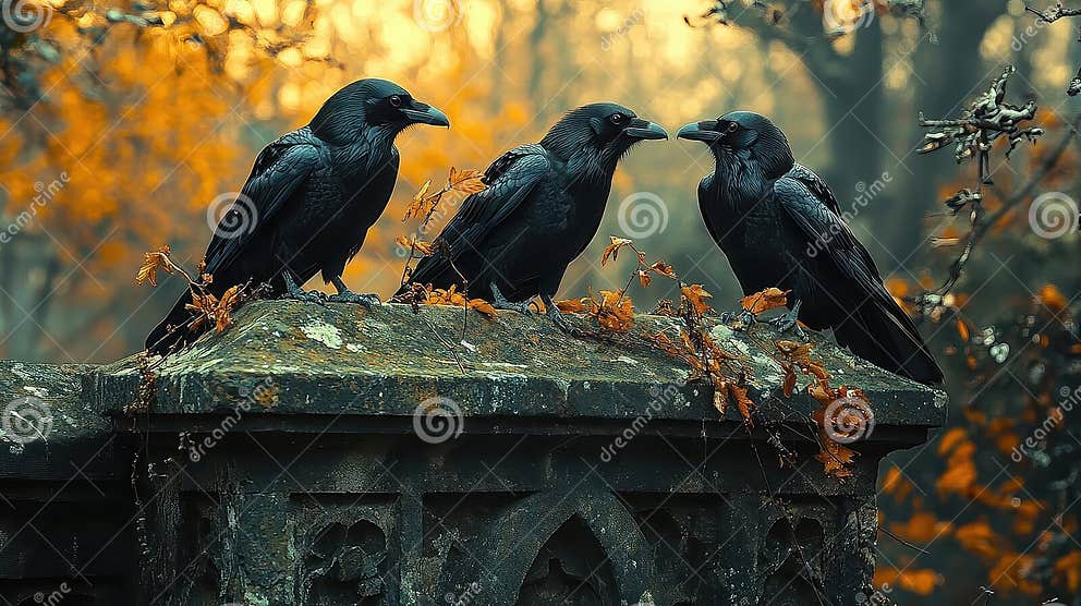 Three Ravens Perched on Stone Wall with Autumn Leaves Stock ...