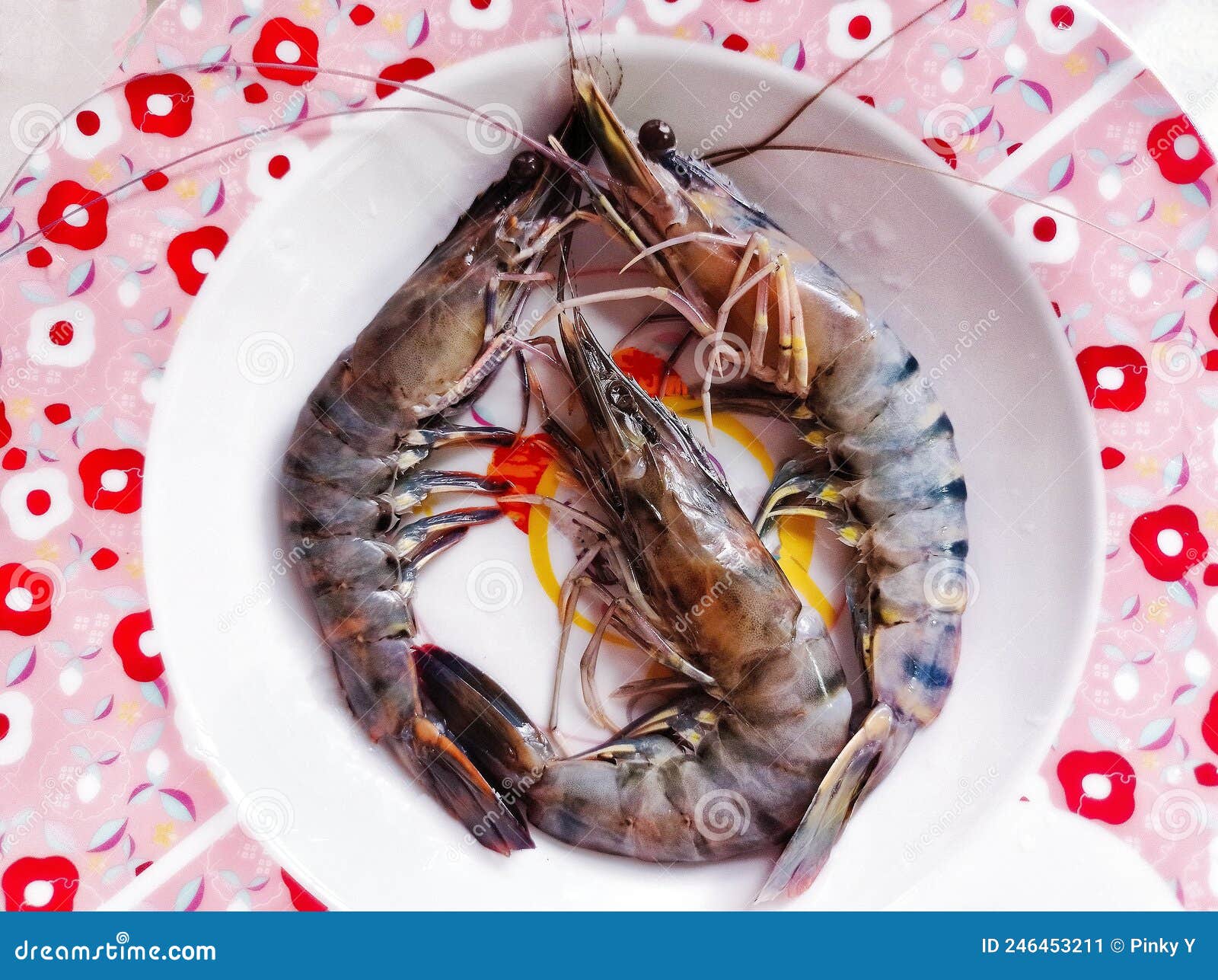 Three Raw Wild Prawns on a Flower Pattern Plate Stock Image - Image of ...