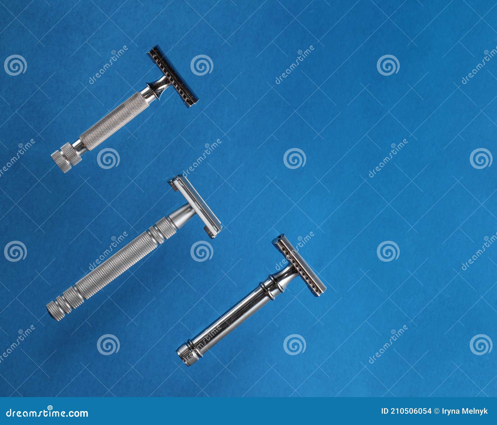 Three Razors on Blue Background. View from Above Stock Photo - Image of ...