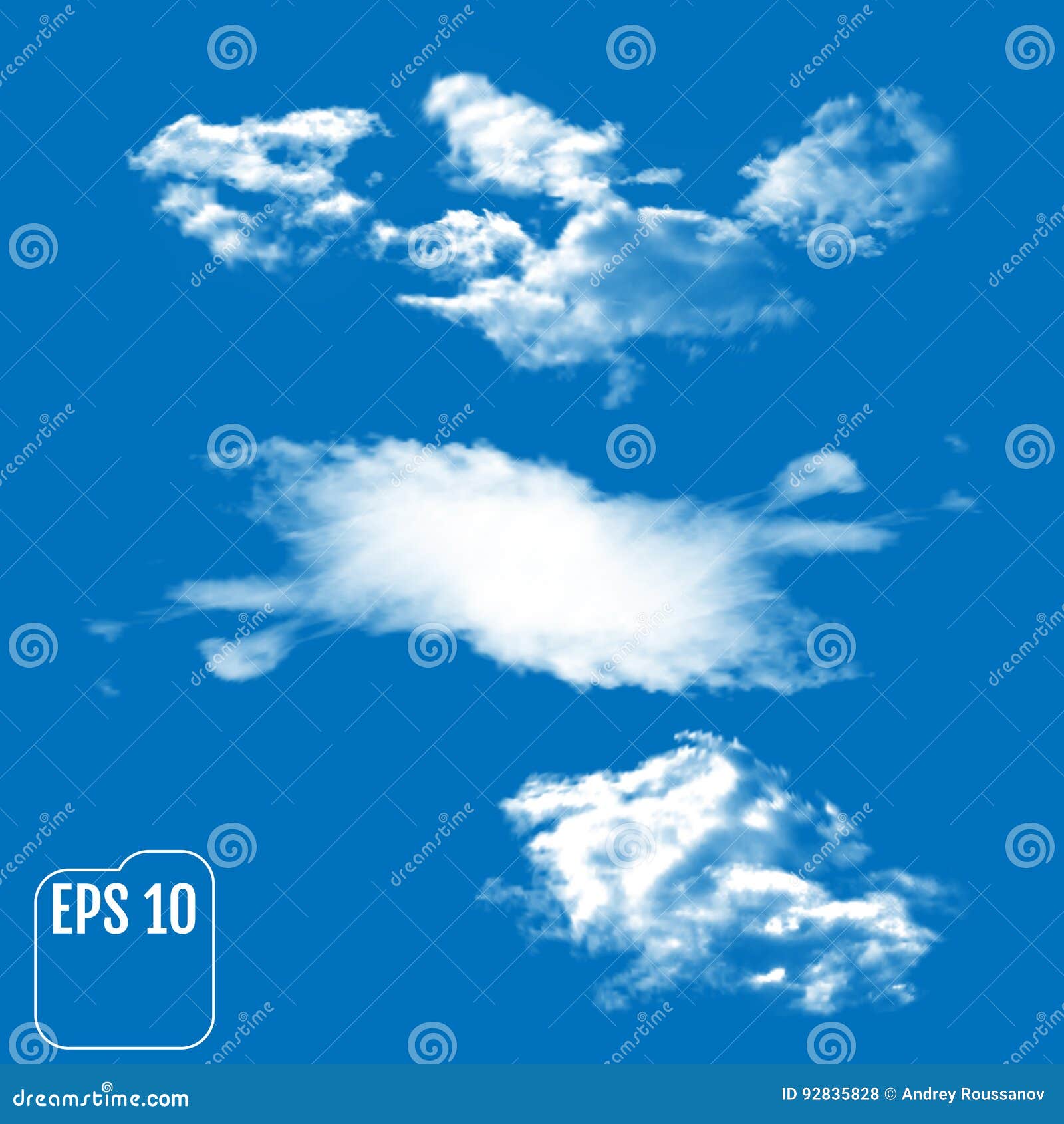 Three Realistic Clouds on a Sky-blue Background. Vector Illustration ...