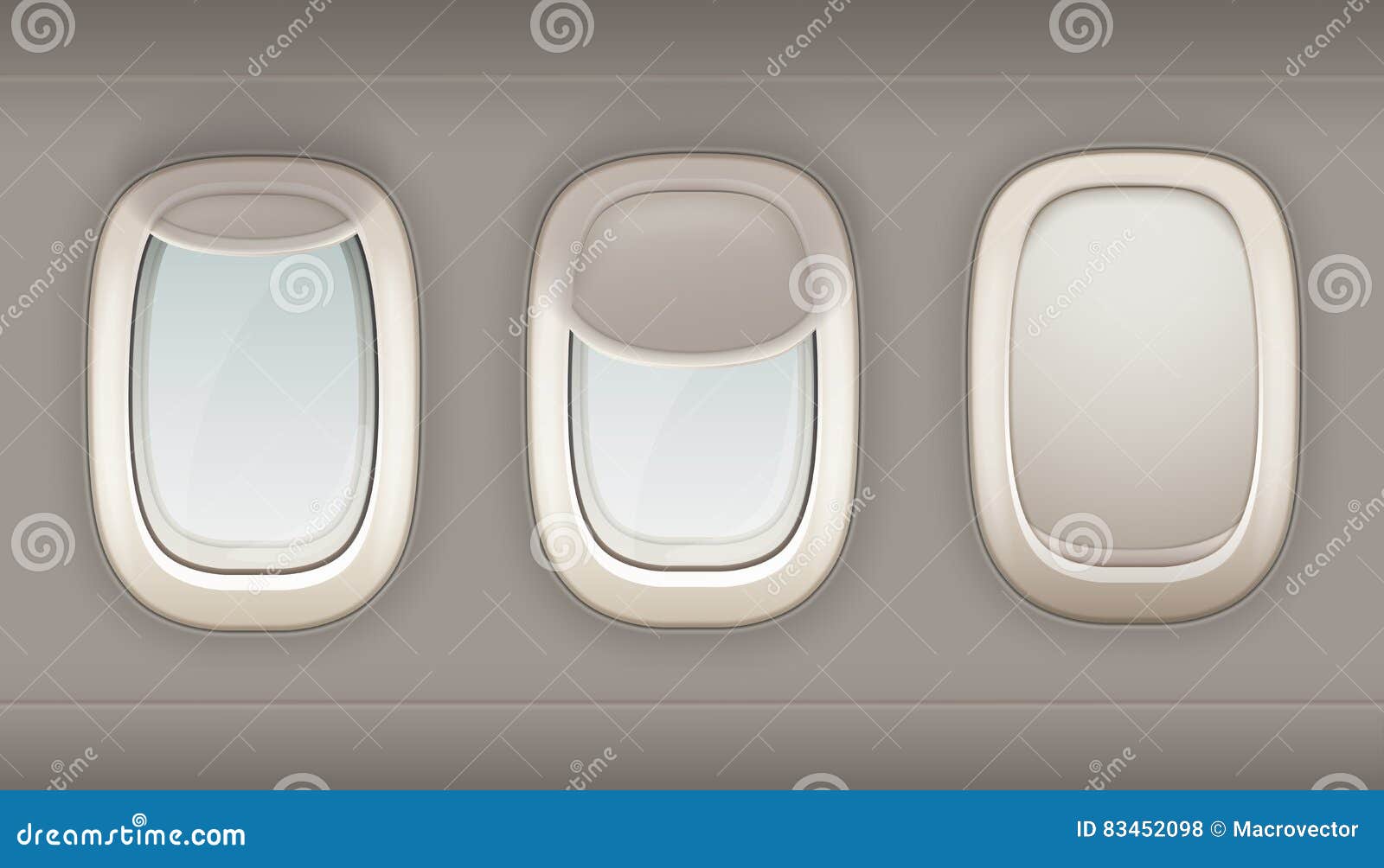 Three Realistic Airplane Fuselage Glass Porthole. Plane Windows Open ...