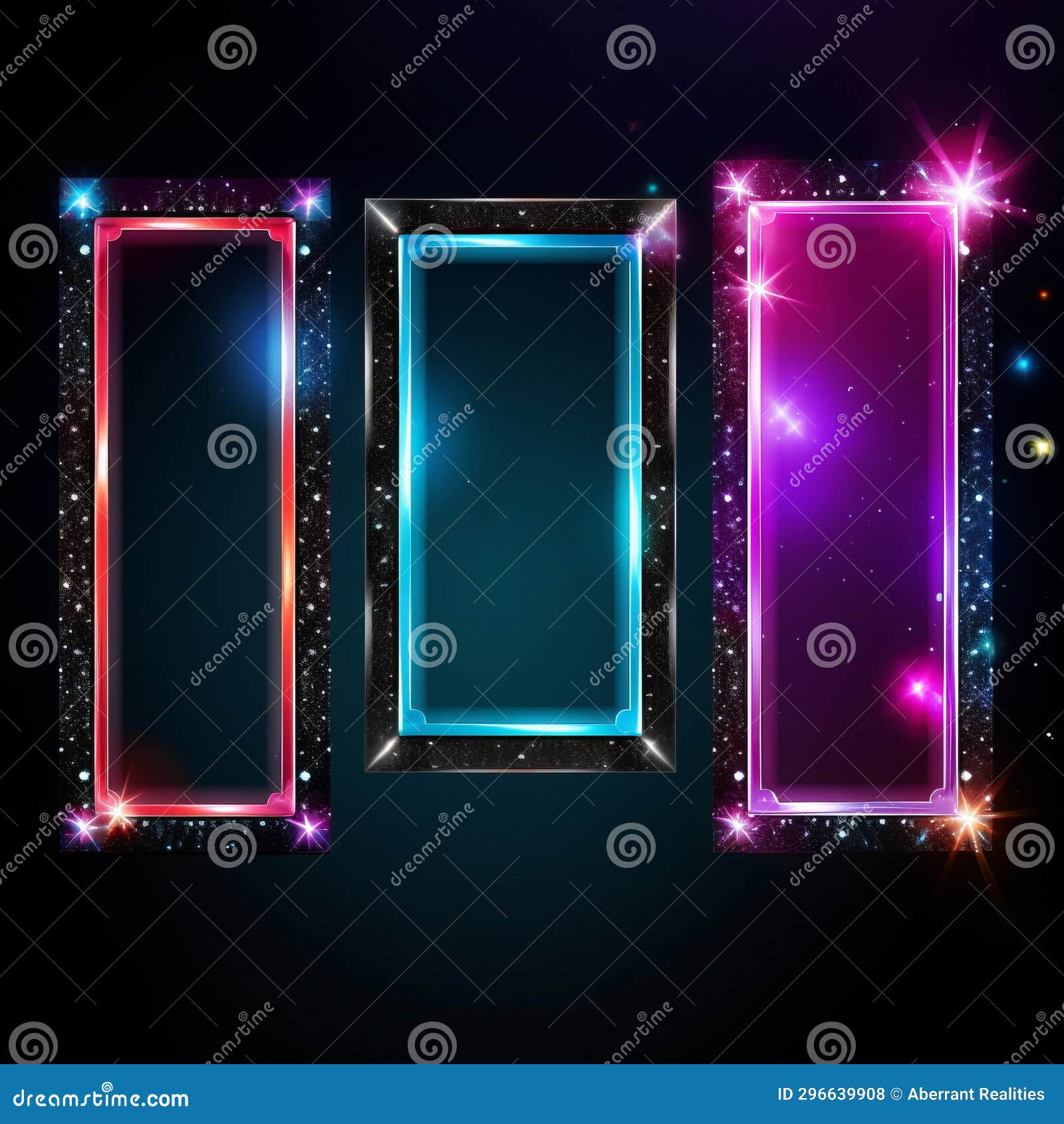 Three Rectangular Frames with Glowing Lights on a Black Background ...