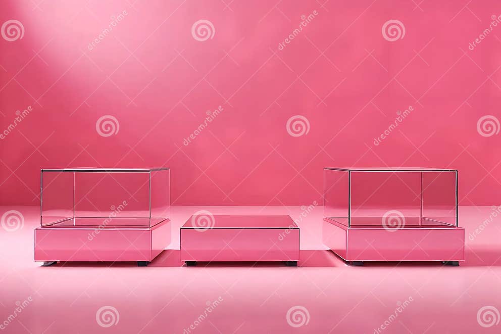 Three Rectangular Glass Display Cases on a Magenta Table Stock Image ...