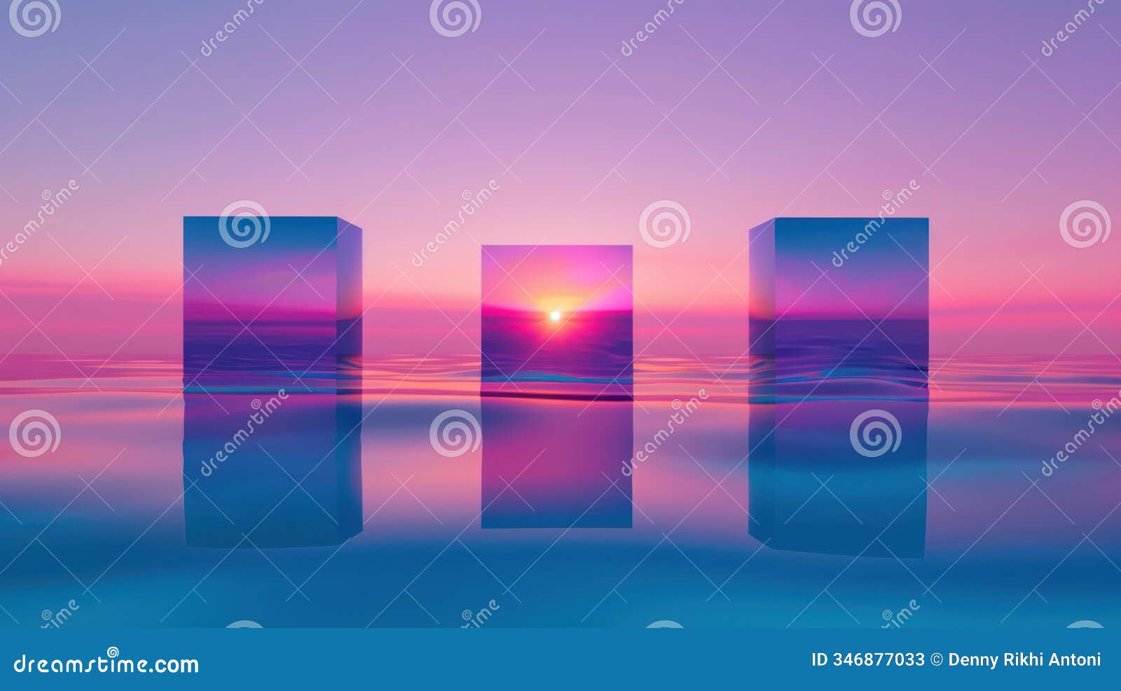 Three Rectangular Prisms Reflecting a Sunset Sky Over a Body of Water ...