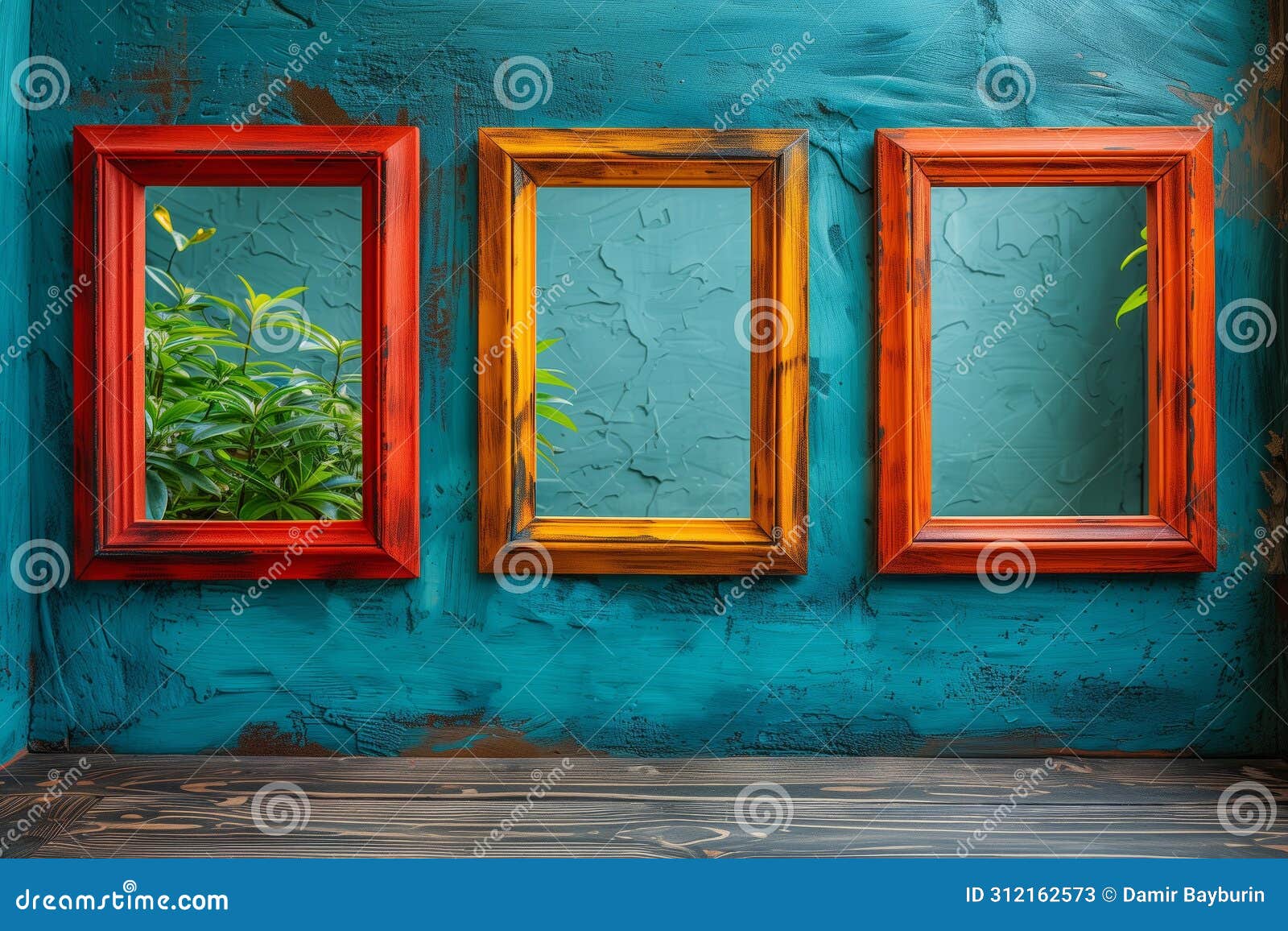 Three Rectangular Wooden Frames Decorate a Blue Wall Stock Image ...