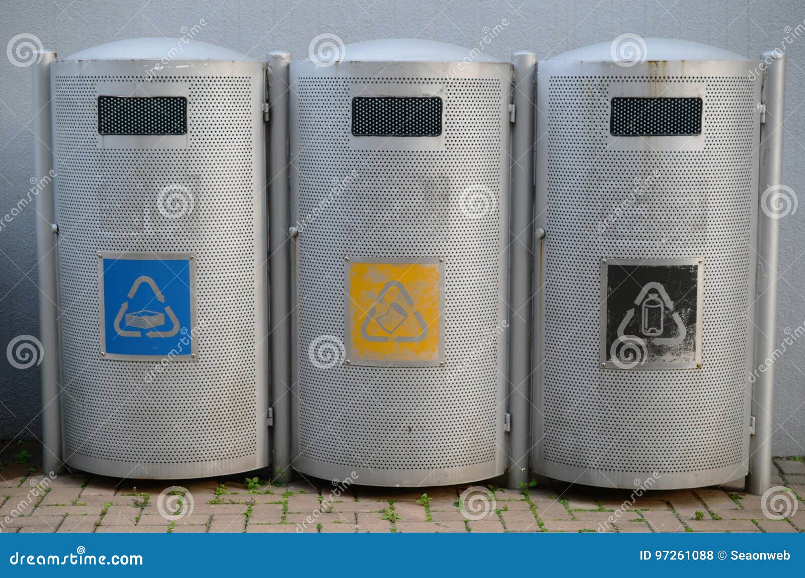 Three recycling bins stock photo. Image of paper, recycle - 97261088
