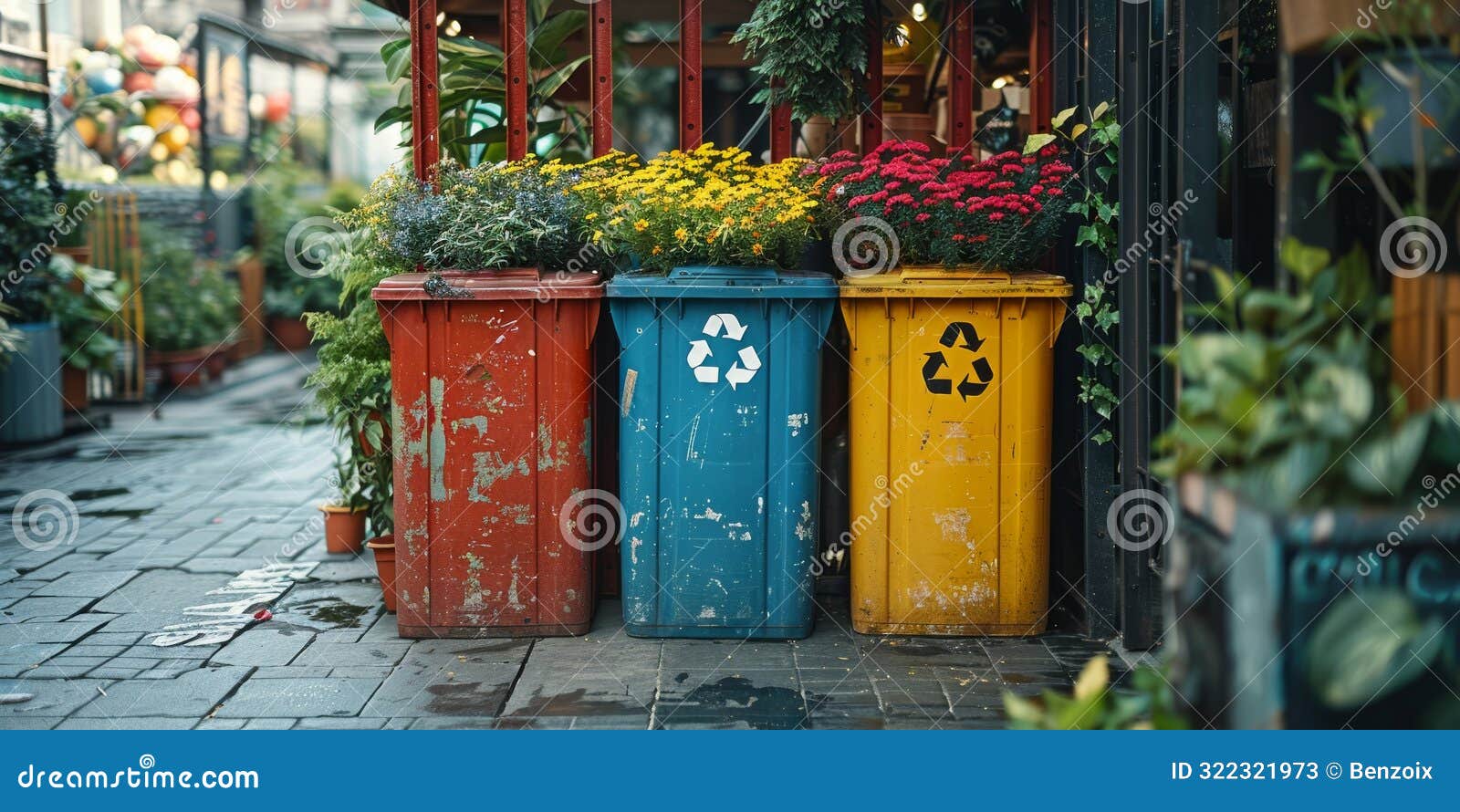 Three Recycling Bins are Placed in a Row on the Sidewalk Stock Image ...