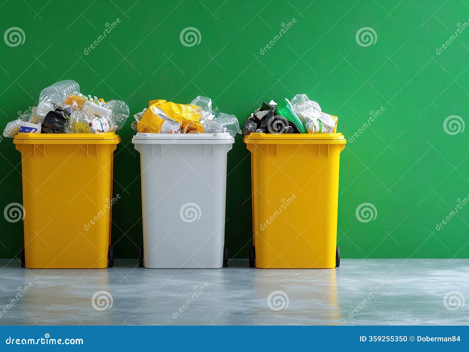 Three Recycling Bins for Sorting Plastic Waste Against Green Wall Stock ...