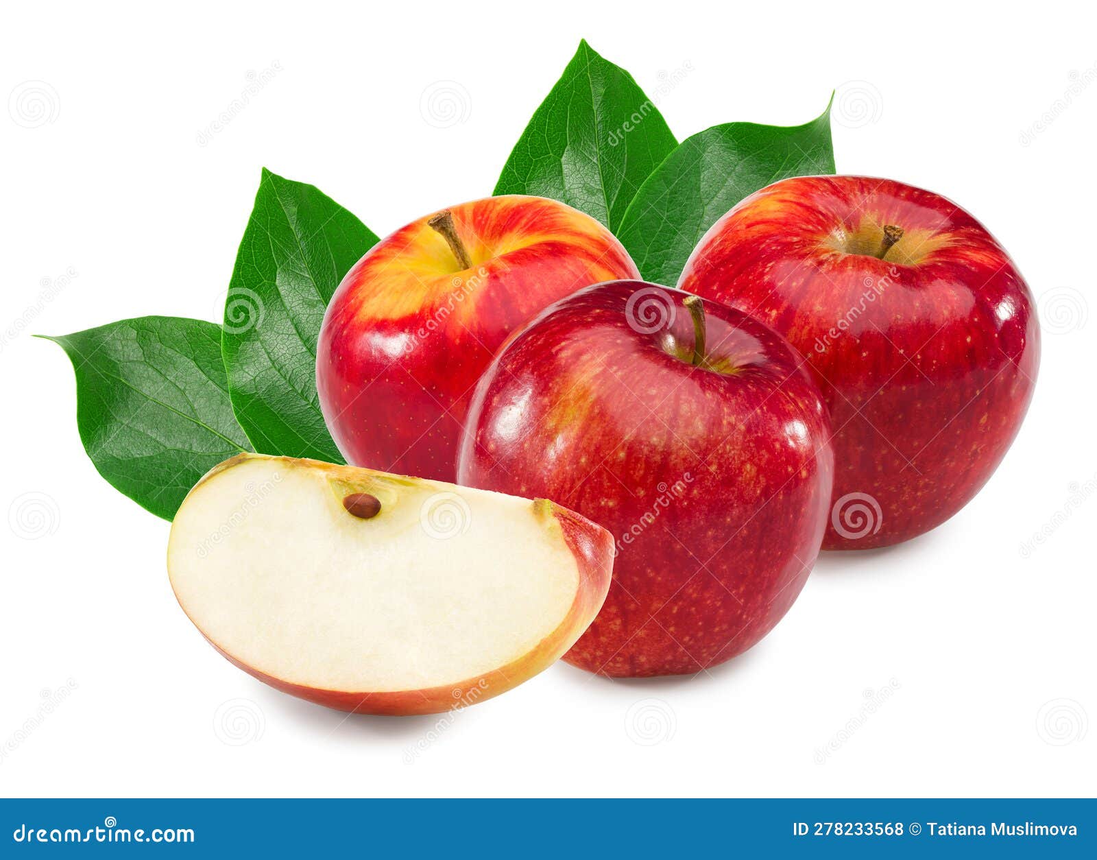 Three Red Apples with Green Leaves Isolated on White Background ...