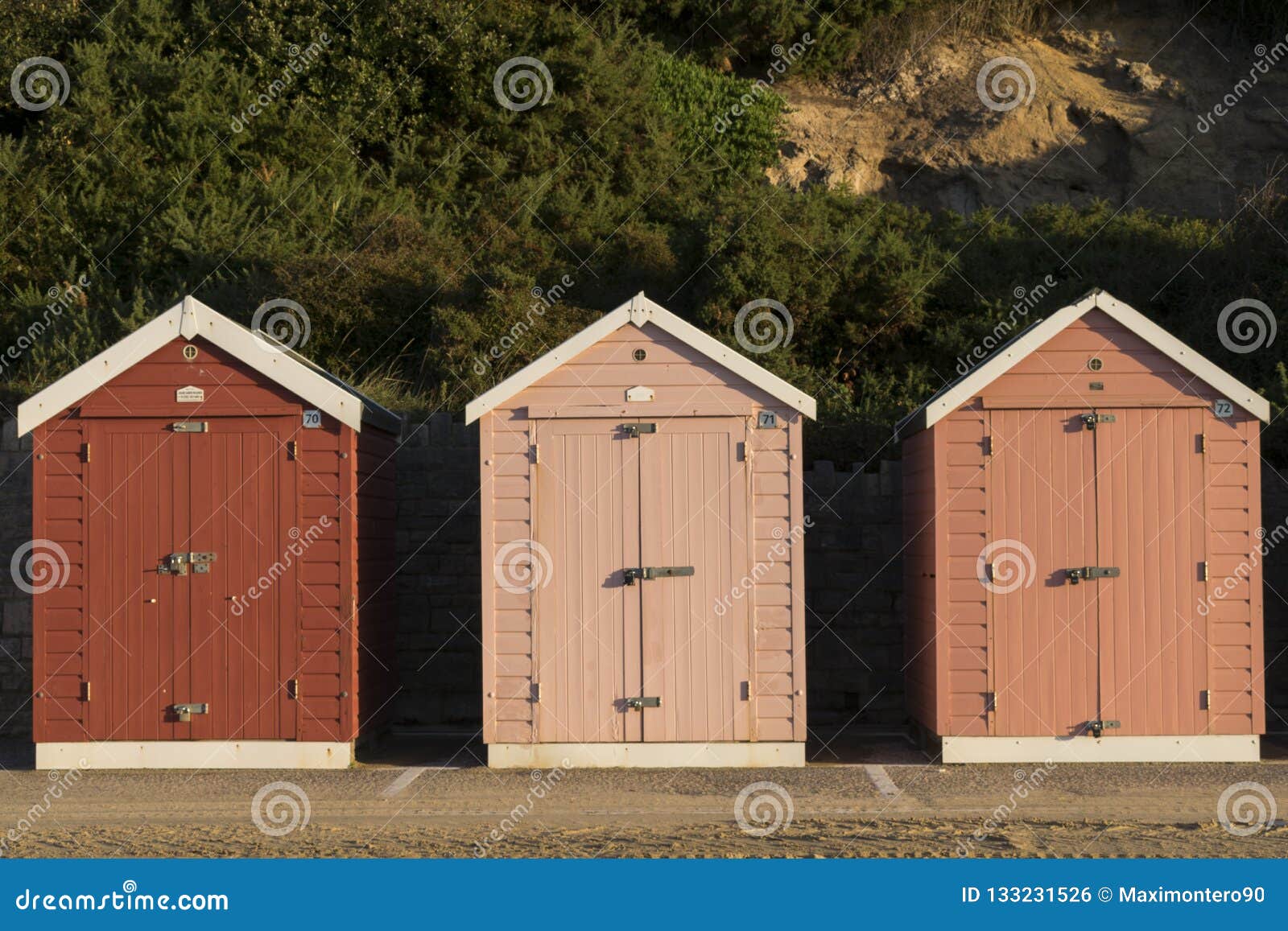 Three Red Beach Huts in Different Tones. Double Doors without Windows ...
