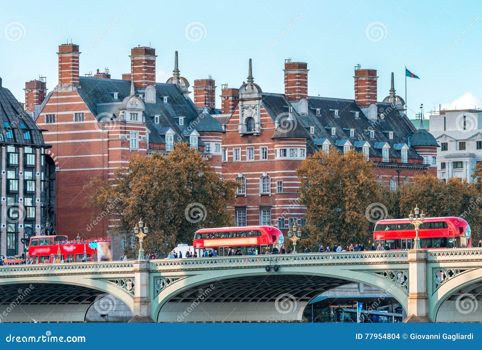 Three Red Buses Crossing Westminster Bridge, London - UK Editorial ...
