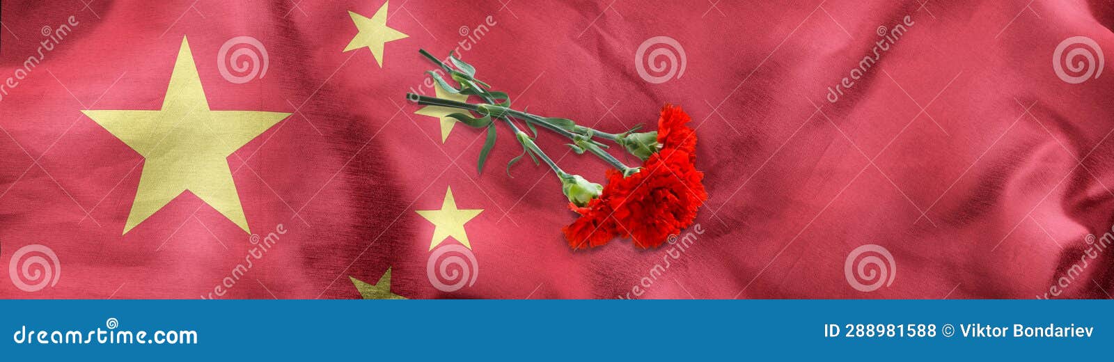 Three Red Carnations Lying on the Flag of China Stock Photo - Image of ...