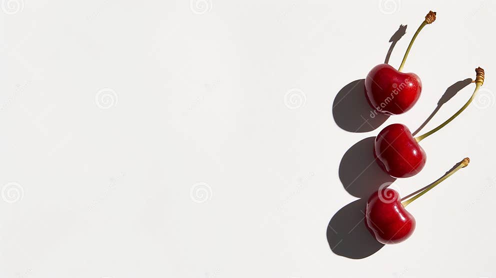 Three Red Cherries with Long Stems Casting Shadows on a White ...