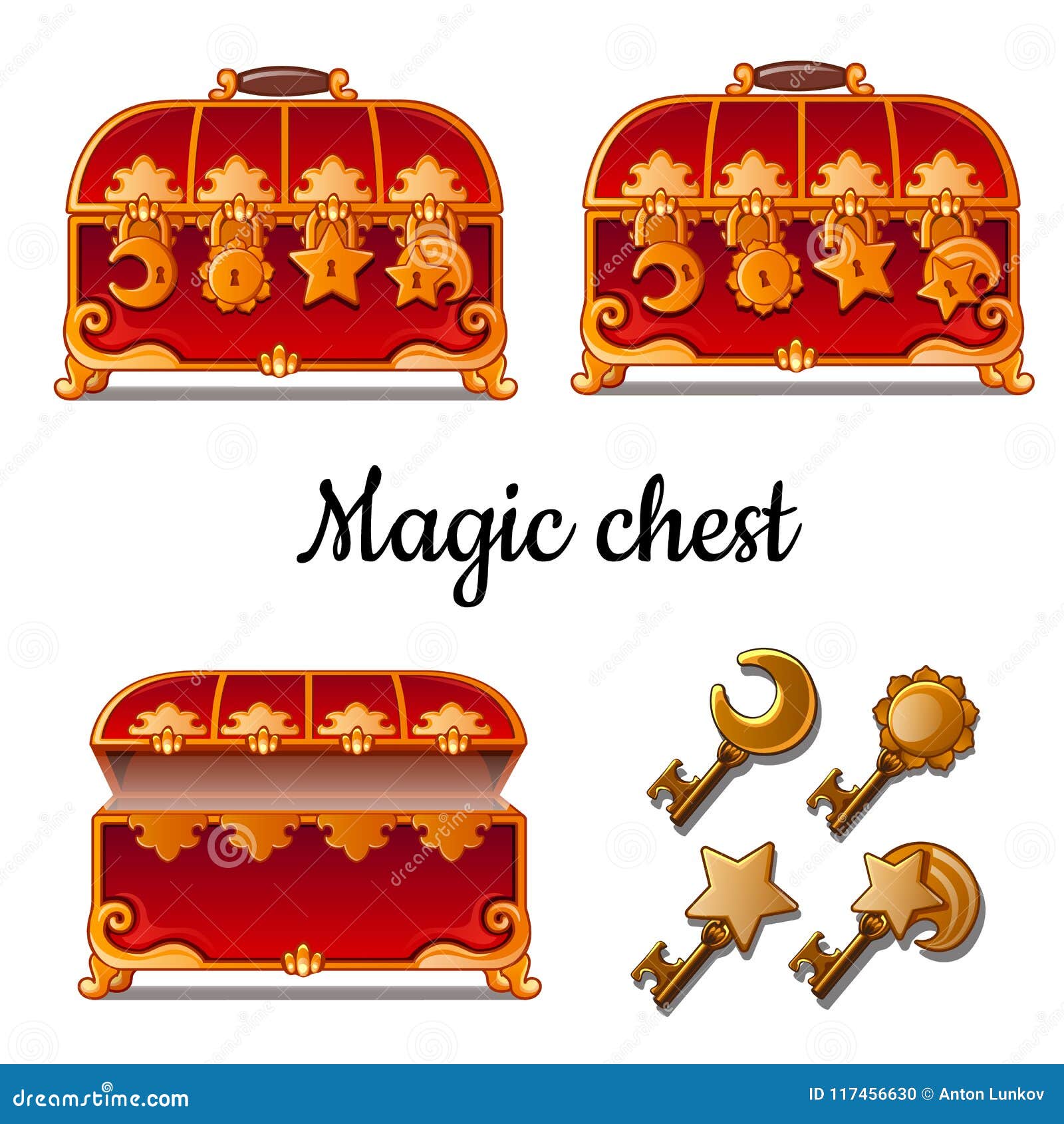 Three Red Chest with Four Locks and Keys. Vector Illustration. Stock ...