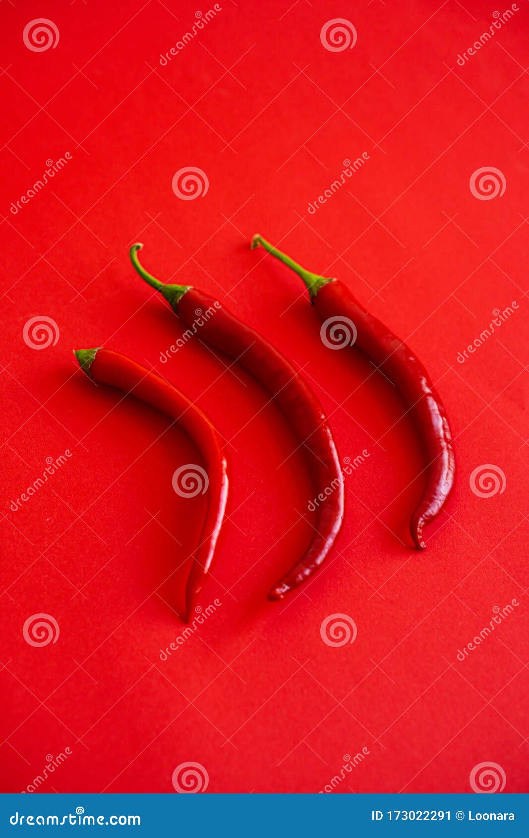 Three Red Chili Peppers on Flat Red Background Stock Image - Image of ...