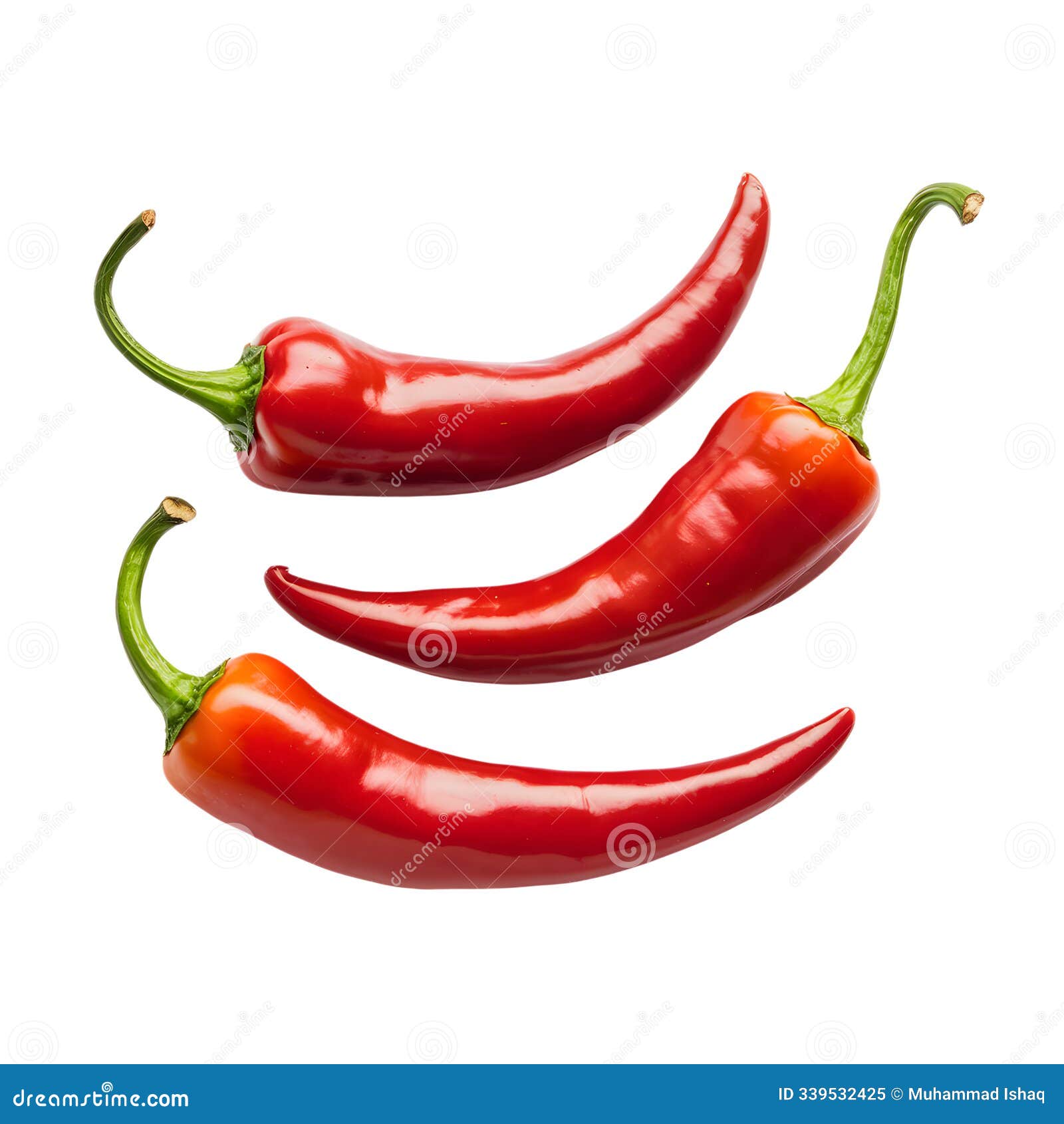 Three Red Chili Peppers with Green Stems, Slightly Overlapping, White ...