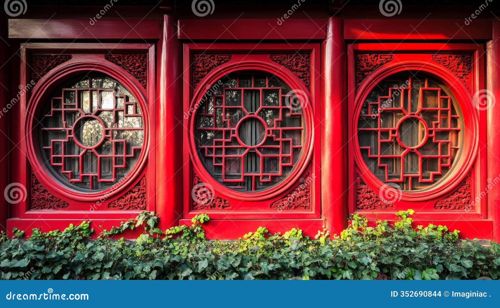 Three Red Chinese Windows With Intricate Latticework Stock Photography ...