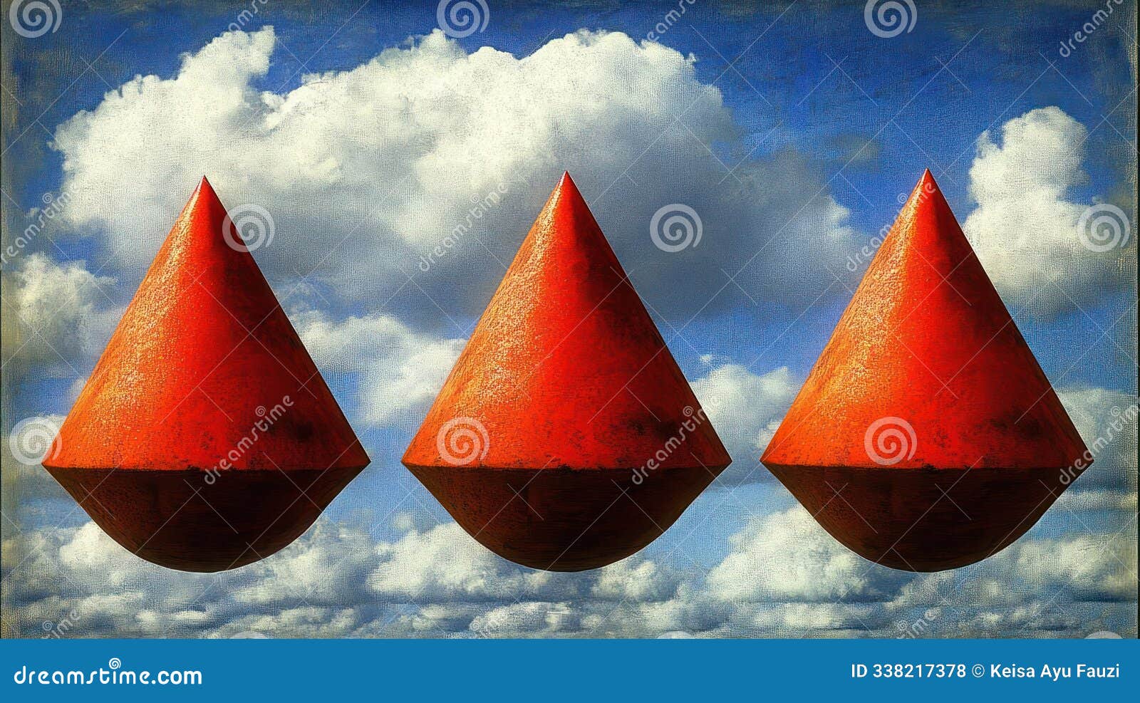 Three Red Cones Floating Against a Blue Sky with Clouds, Creating a ...