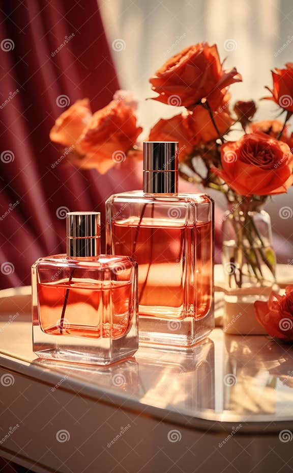 Three Red Cosmetic Bottles on a Table Stock Photo - Image of essence ...