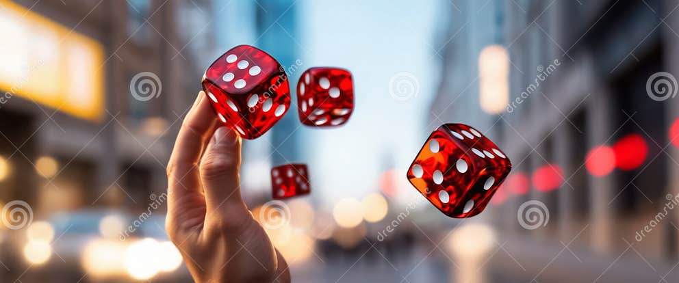 Red Dice Floating in Mid-air in a Bustling City Environment Stock Photo ...