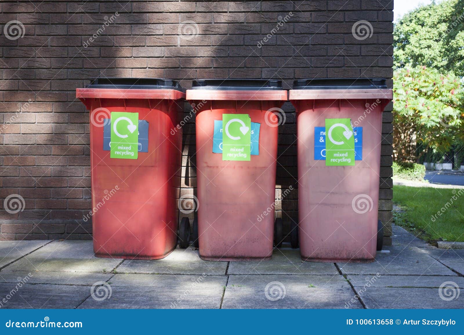 Three Red Garbage, Trash Bin Eith Writing Stock Photo - Image of order ...
