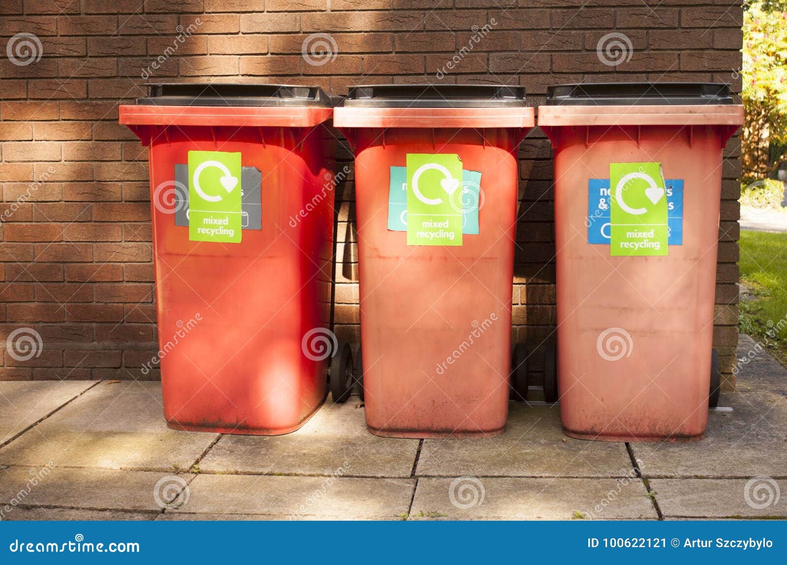 Three Red Garbage, Trash Bin Eith Writing Stock Image - Image of dump ...