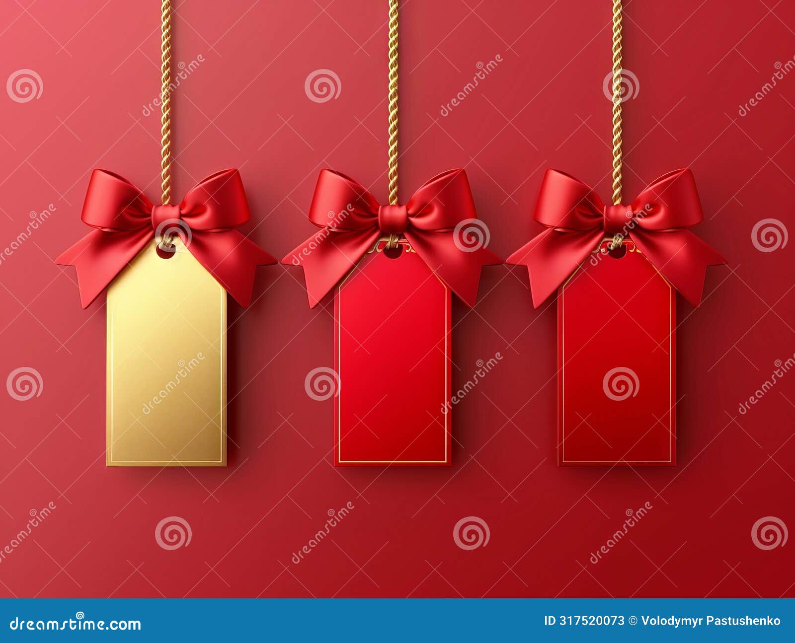Three Red Gift Tags with Bows Hanging on a Rope Stock Image - Image of ...