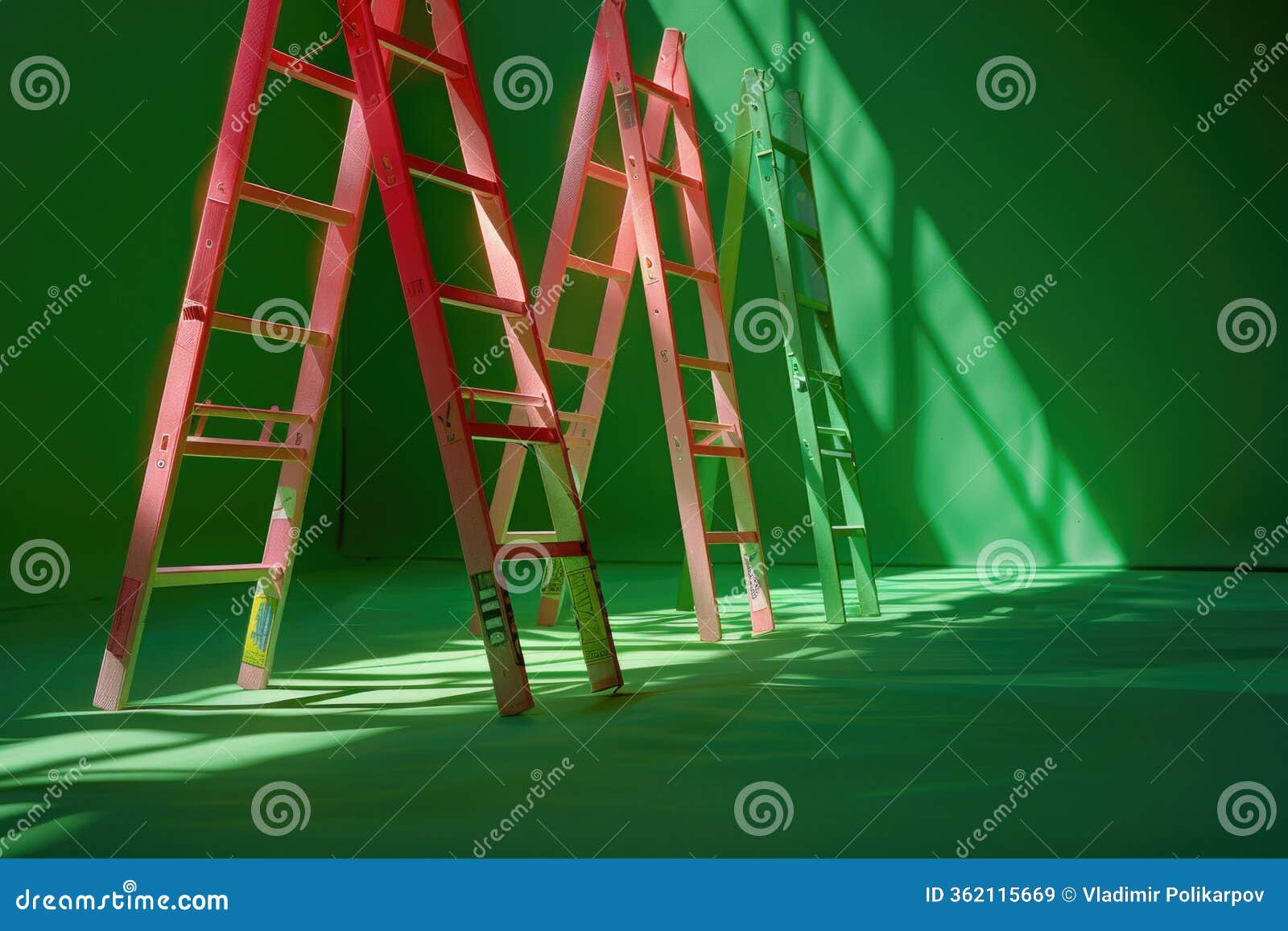 Three Red Ladders Leaning Against a Green Wall, Suitable for ...