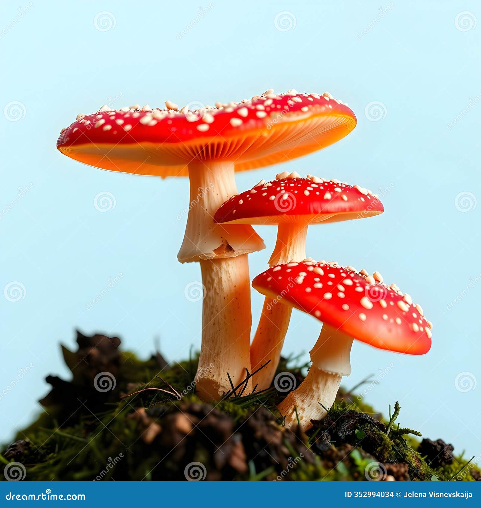 Three Red Mushrooms with White Spots on Them are on a Mossy Rock Stock ...