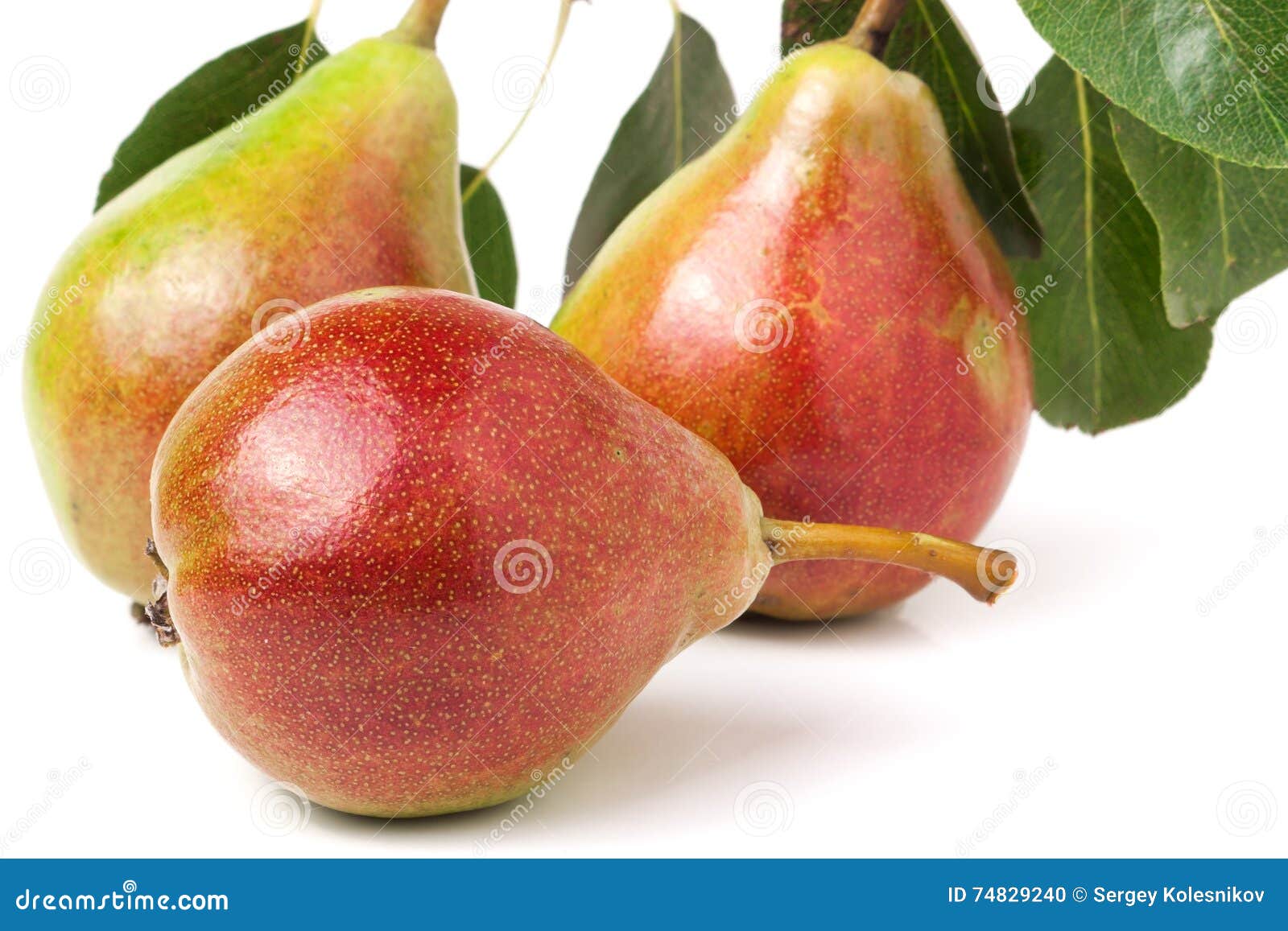 Three Red Pears with Leaves Isolated on White Background Stock Photo ...