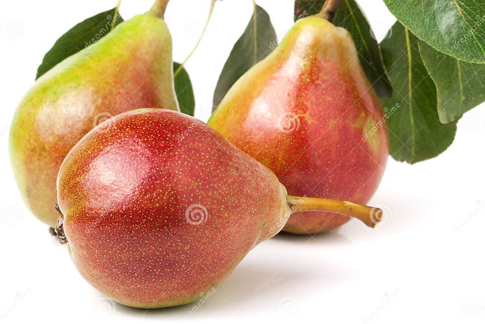 Three Red Pears with Leaves Isolated on White Background Stock Photo ...