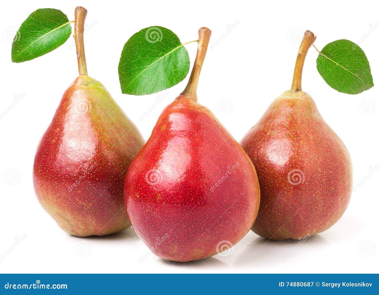 Three Red Pears with Leaves on White Background Stock Image - Image of ...